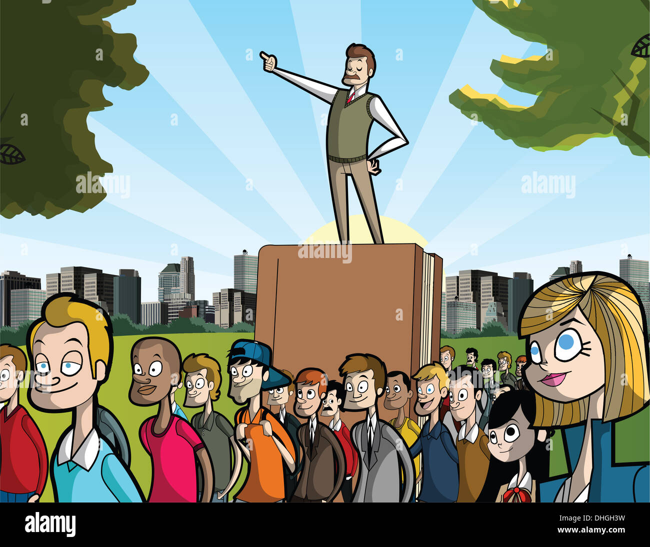 Illustrative image of man on book guiding crowd representing leadership ...