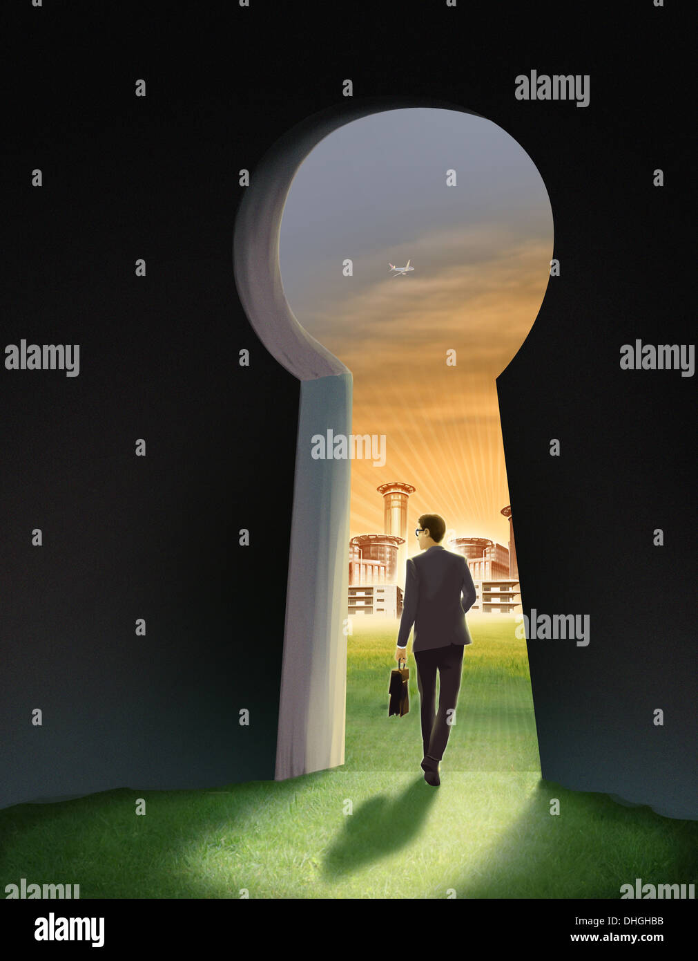 Illustration of businessman going out of keyhole representing hope ...