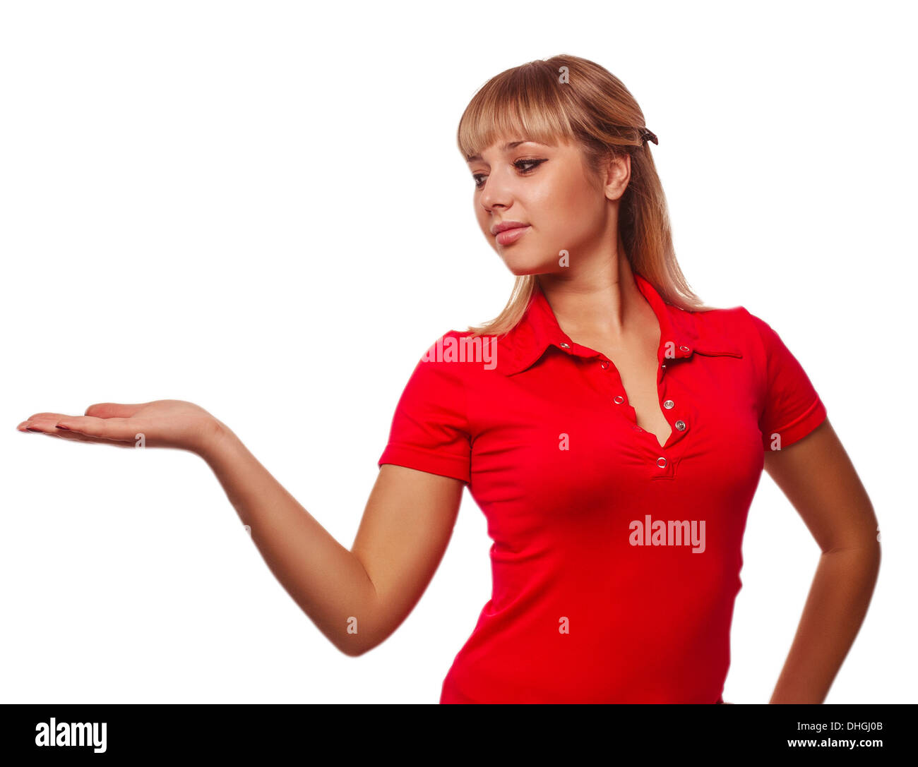 girl portrait happy young blond woman showing open hand holding in ...