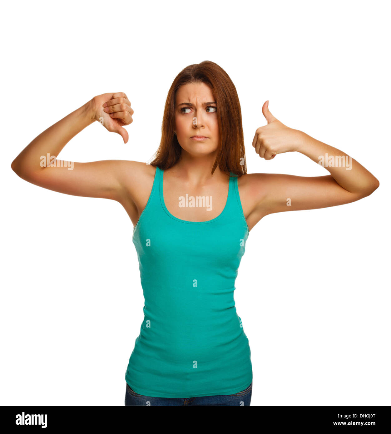 girl woman shows signs yes and no, hand fingers isolated on white ...