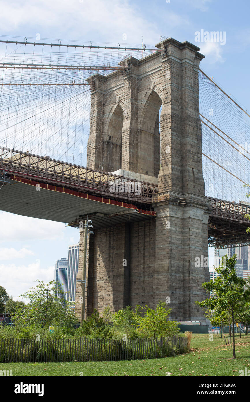 General view of the Brooklyn Bridge as seen from ground level on the ...