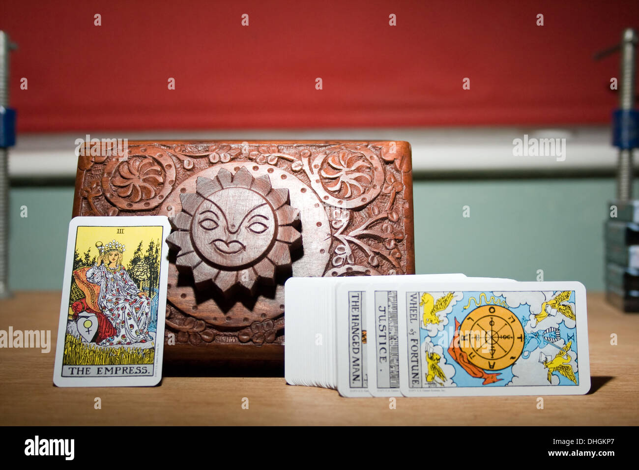 Carved wooden tarot box with tarot cards Stock Photo - Alamy