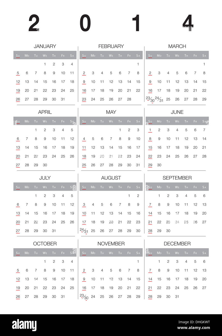 Modern 2014 vector calendar English Stock Photo - Alamy