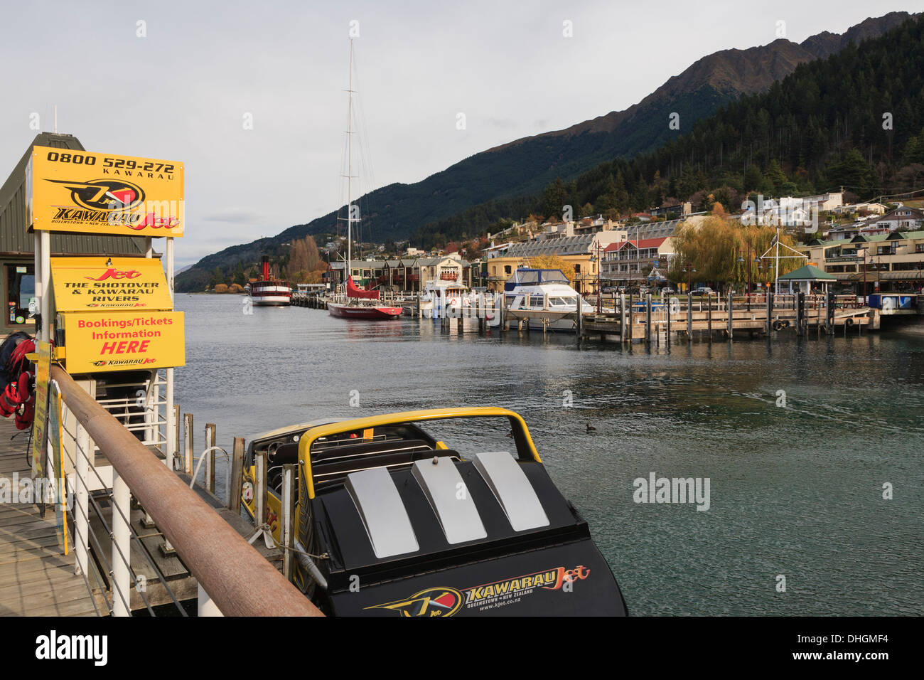 Kawarau Jet Jetboat Booking Centre on pier in Lake Wakatipu with view ...