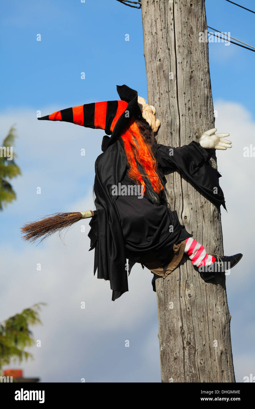 Halloween witch mannequin with broomstick climbing hydro utility pole ...