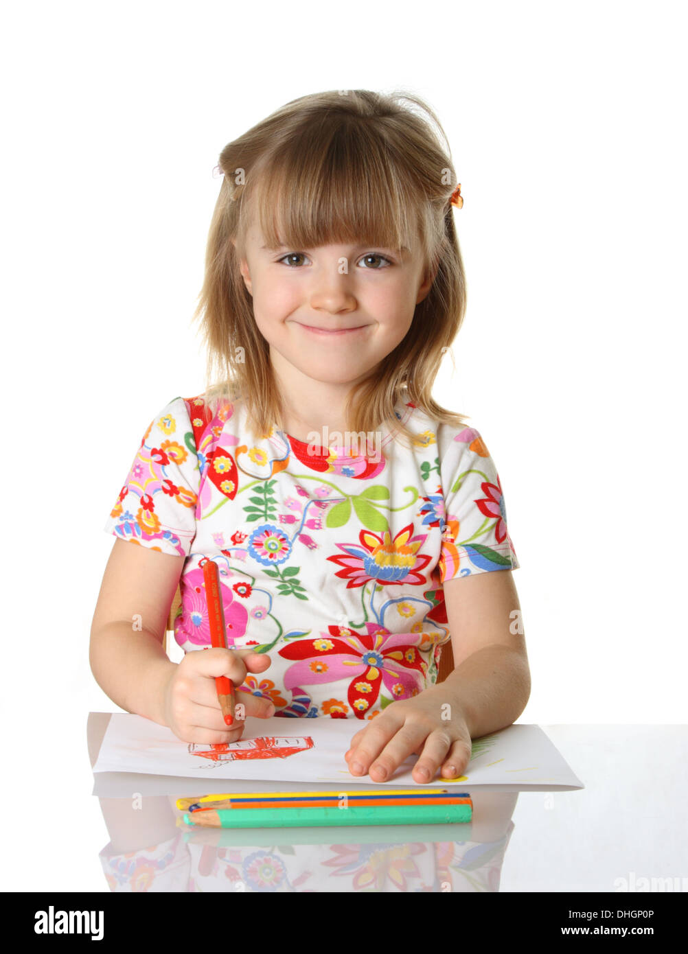 happy little girl drawing a picture on white Stock Photo - Alamy