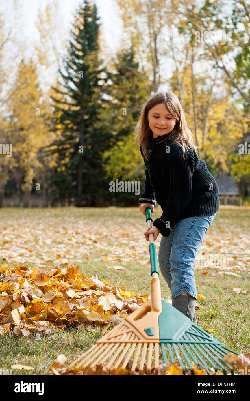 Girl raking a pile of colorful fall leaves Stock Photo - Alamy