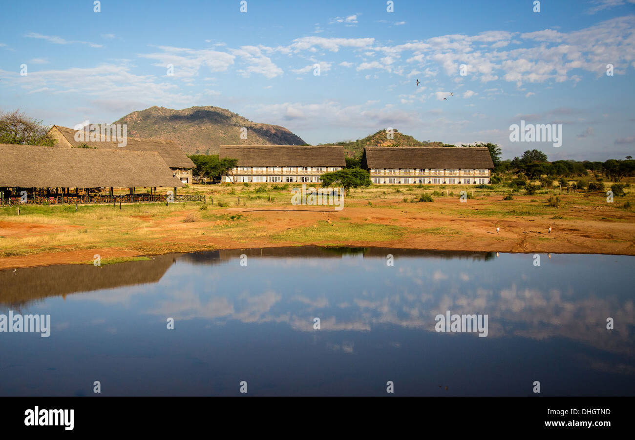 Voi Wildlife Lodge from the waterhole which attracts elephants and ...