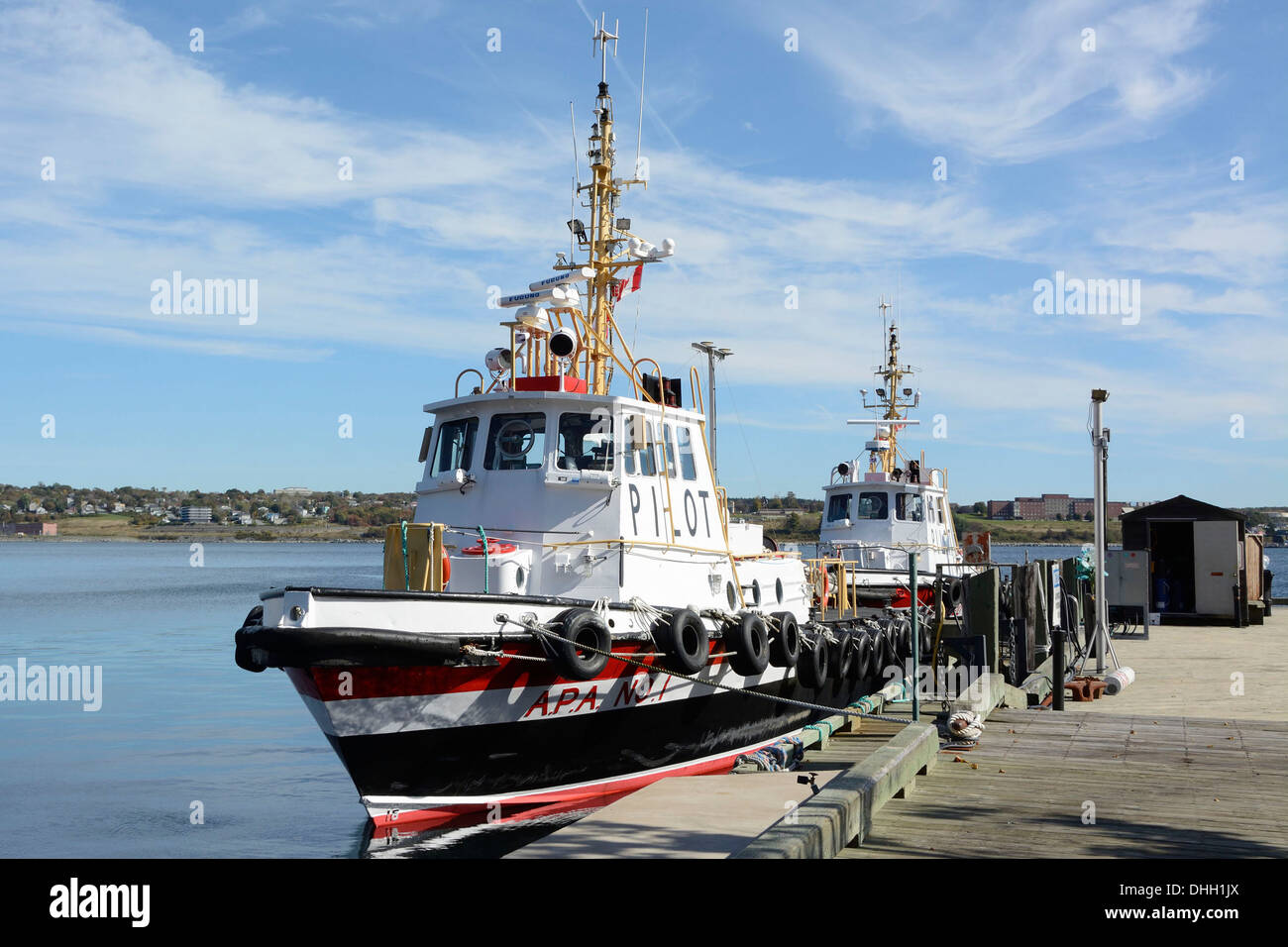 Harbour Pilot boats dock along the Halifax Waterfront piers, Halifax, N ...