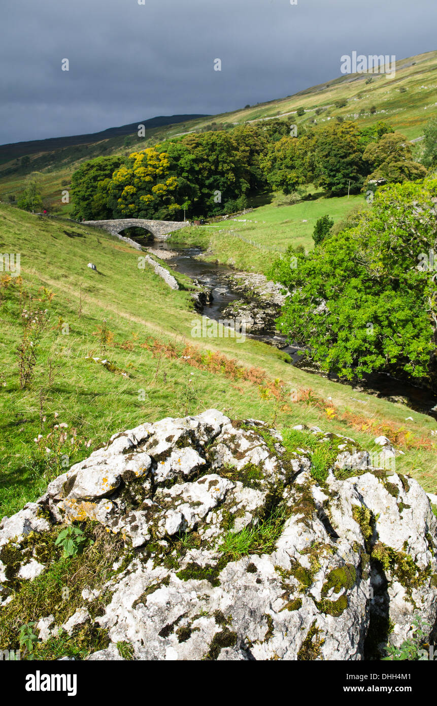 Bridge over the river Wharfe at Yockenthwaite in the Yorkshire Dales ...