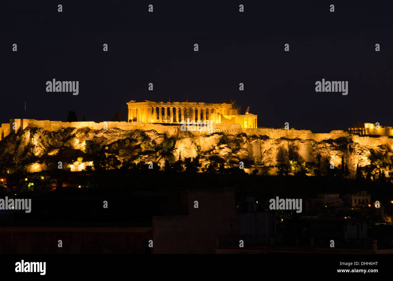 Athens Greece at night of the famous Acropolis and the Parthenon lit at twilight Greek ruins ...