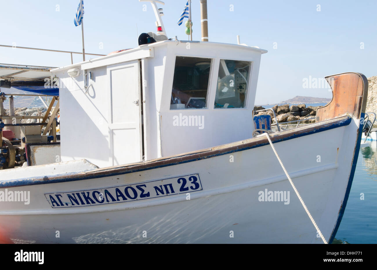 Greece Paros Cyclades Naousa or Naouusa fishing boat close up in port ...