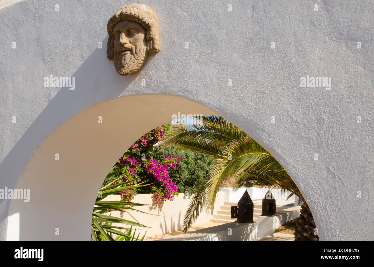 Greece Paros Cyclades St Maria beach area with flowers and arch with ...