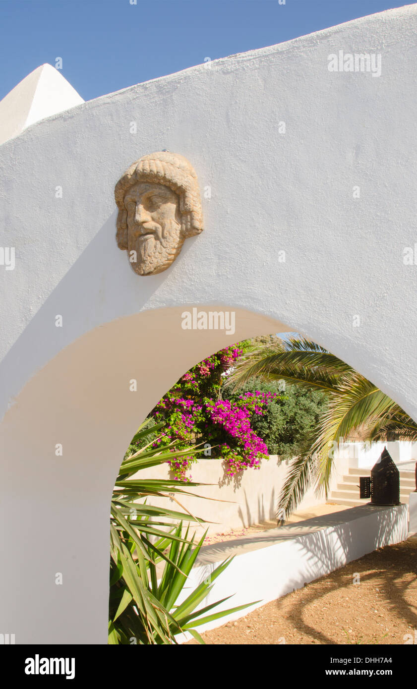 Greece Paros Cyclades St Maria beach area with flowers and arch with ...
