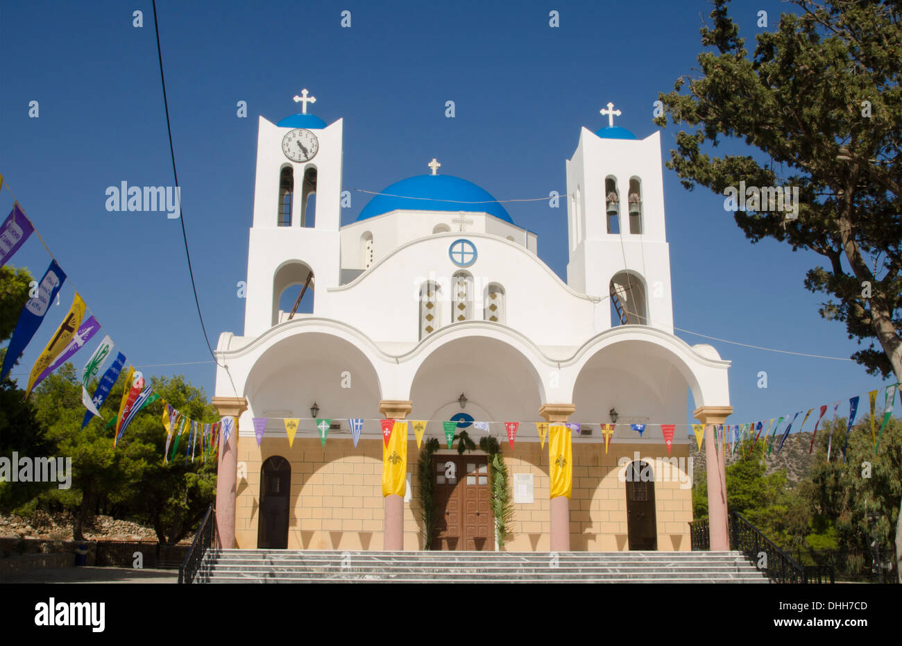 Greece Paros Cyclades white church towers in town of Drios Greek Stock ...