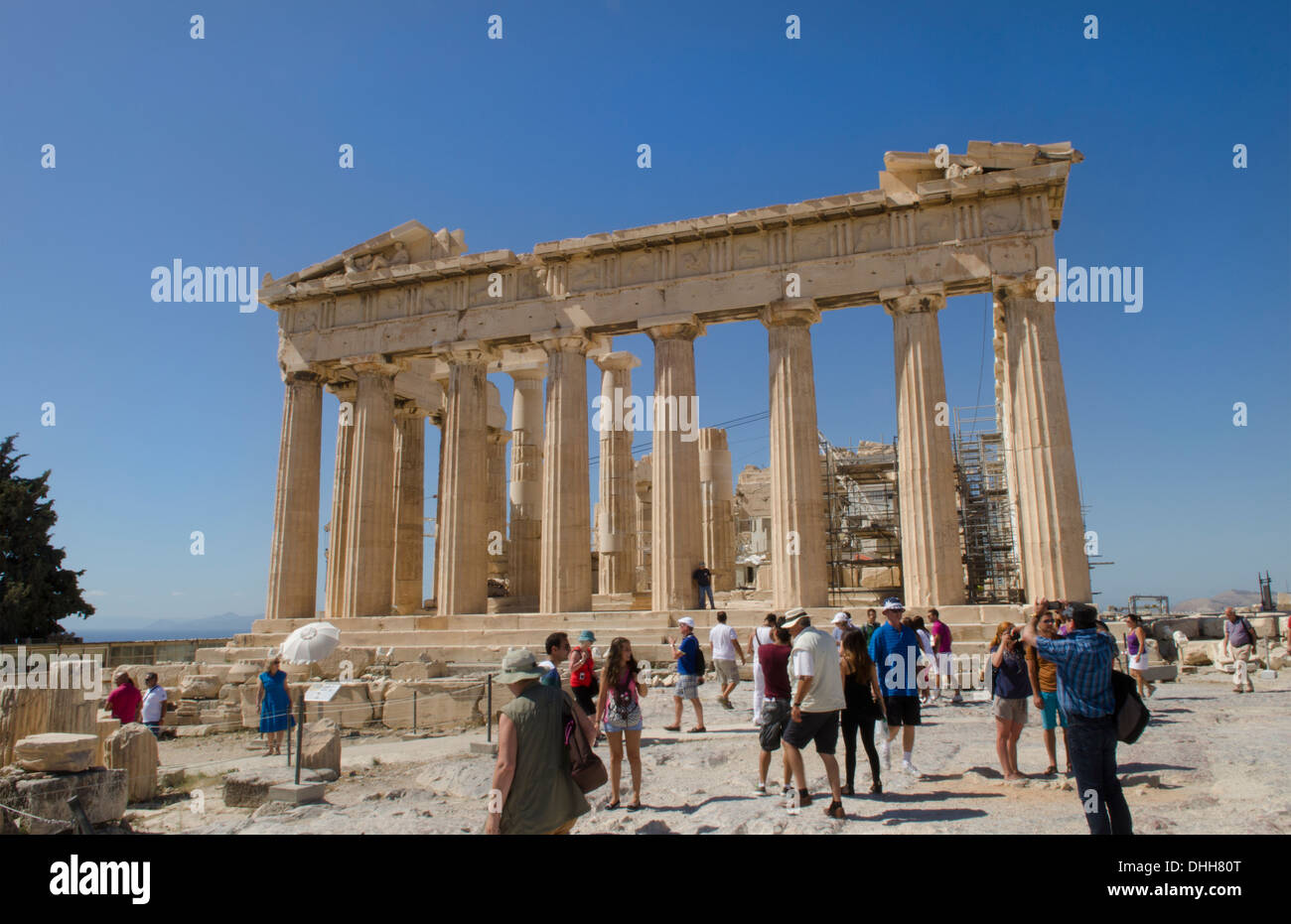 Athens Greece Parthenon at the Acropolis tourists crowds at ruins on ...