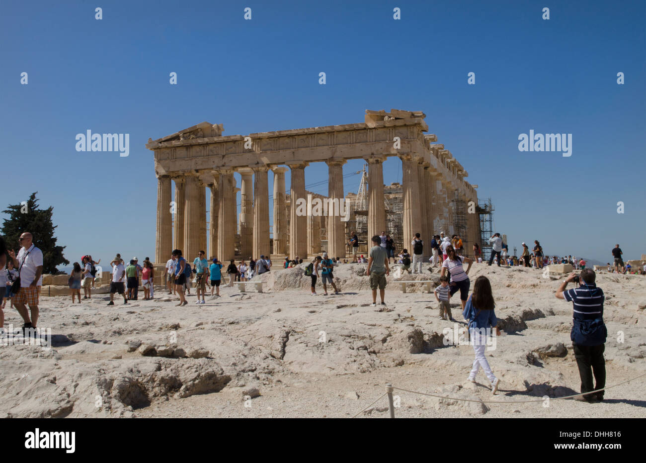Athens Greece Parthenon at the Acropolis tourists crowds at ruins on ...