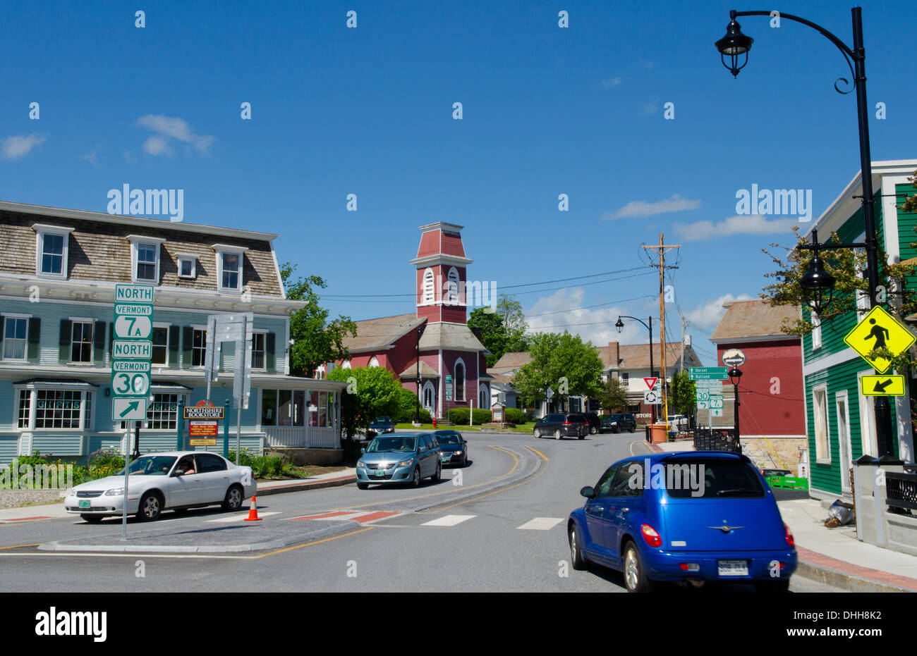 Manchester Vermont Main Street Centre Square with traffic in small city ...