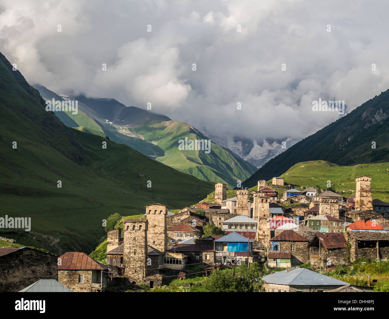 Ushguli in Upper Svaneti, Georgia. Ushguli is famous for its well ...