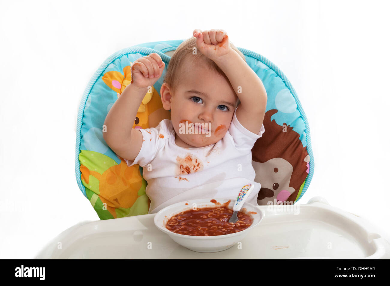 Baby mealtime mess Stock Photo - Alamy
