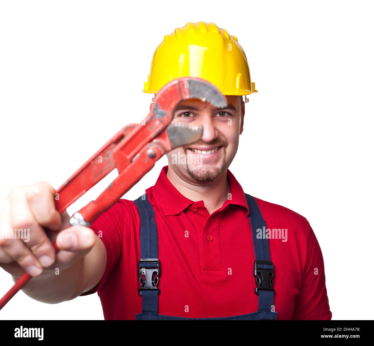 smiling worker on white background Stock Photo - Alamy