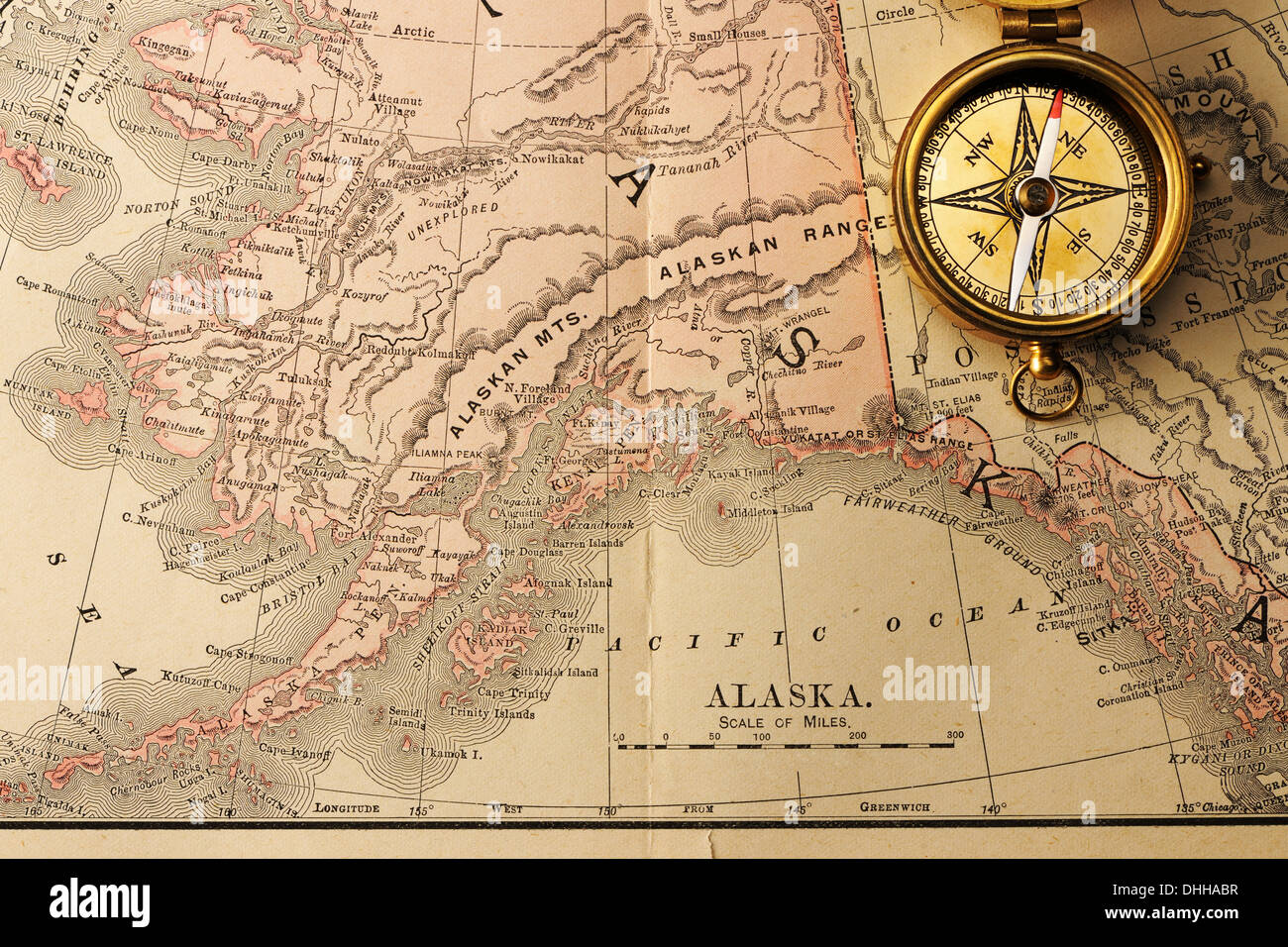 Antique compass over old XIX century map Stock Photo - Alamy