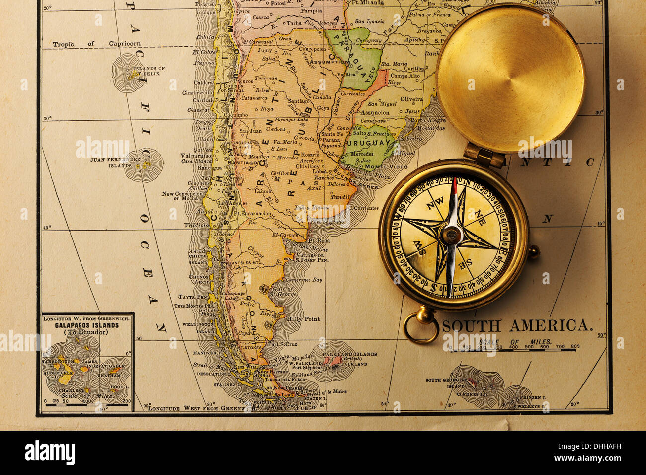 Antique compass over old XIX century map Stock Photo - Alamy