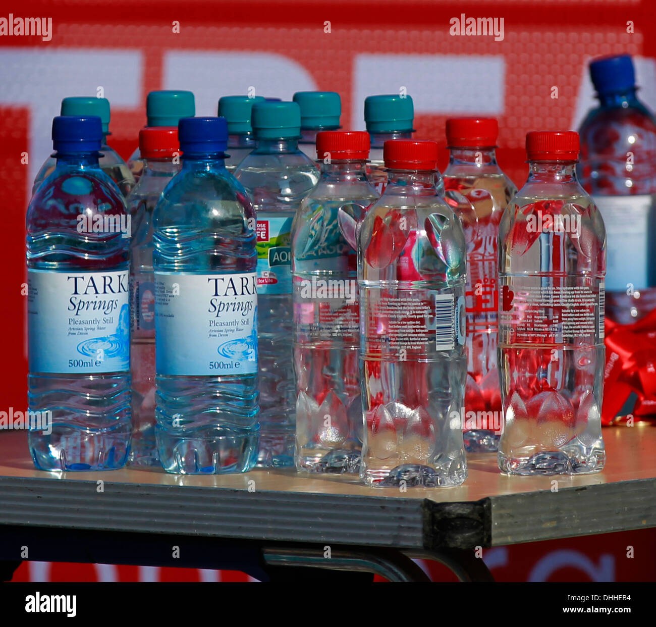 Bottles of water on a table for participants at the finish of the ...