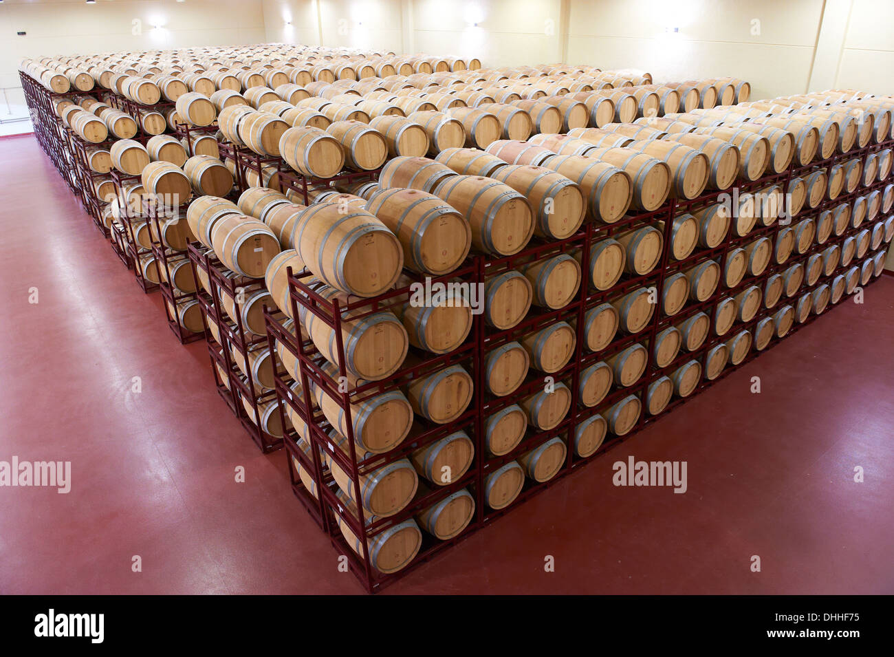 Hundreds of wine barrels in racks for the maturation of wine in Navarra ...