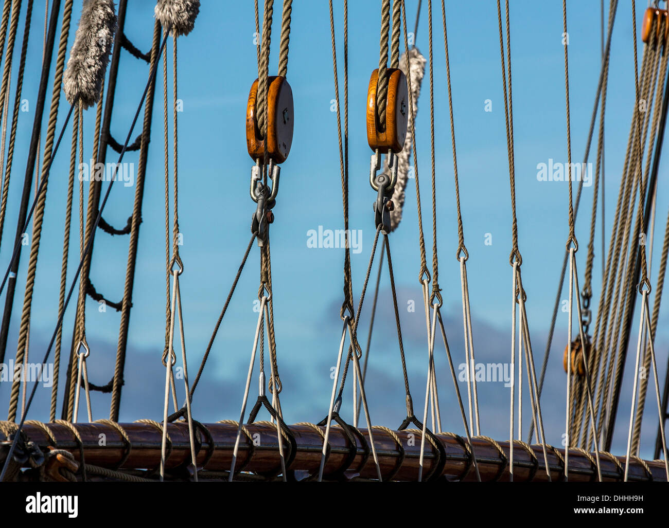 Rigging of an old sailing ship, Wismar, Mecklenburg-Western Pomerania ...