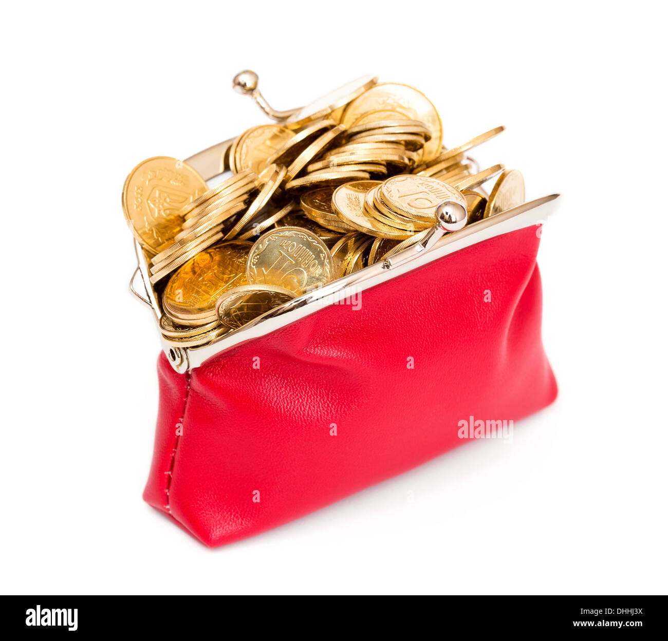 Red purse full of gold coins on a white background Stock Photo - Alamy