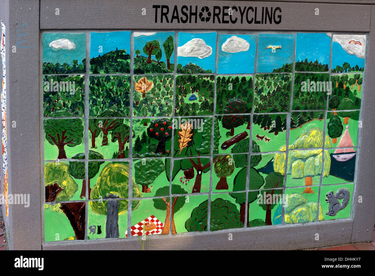 Painted tiles on the side of a recycling/trash bin in Portsmouth, New ...