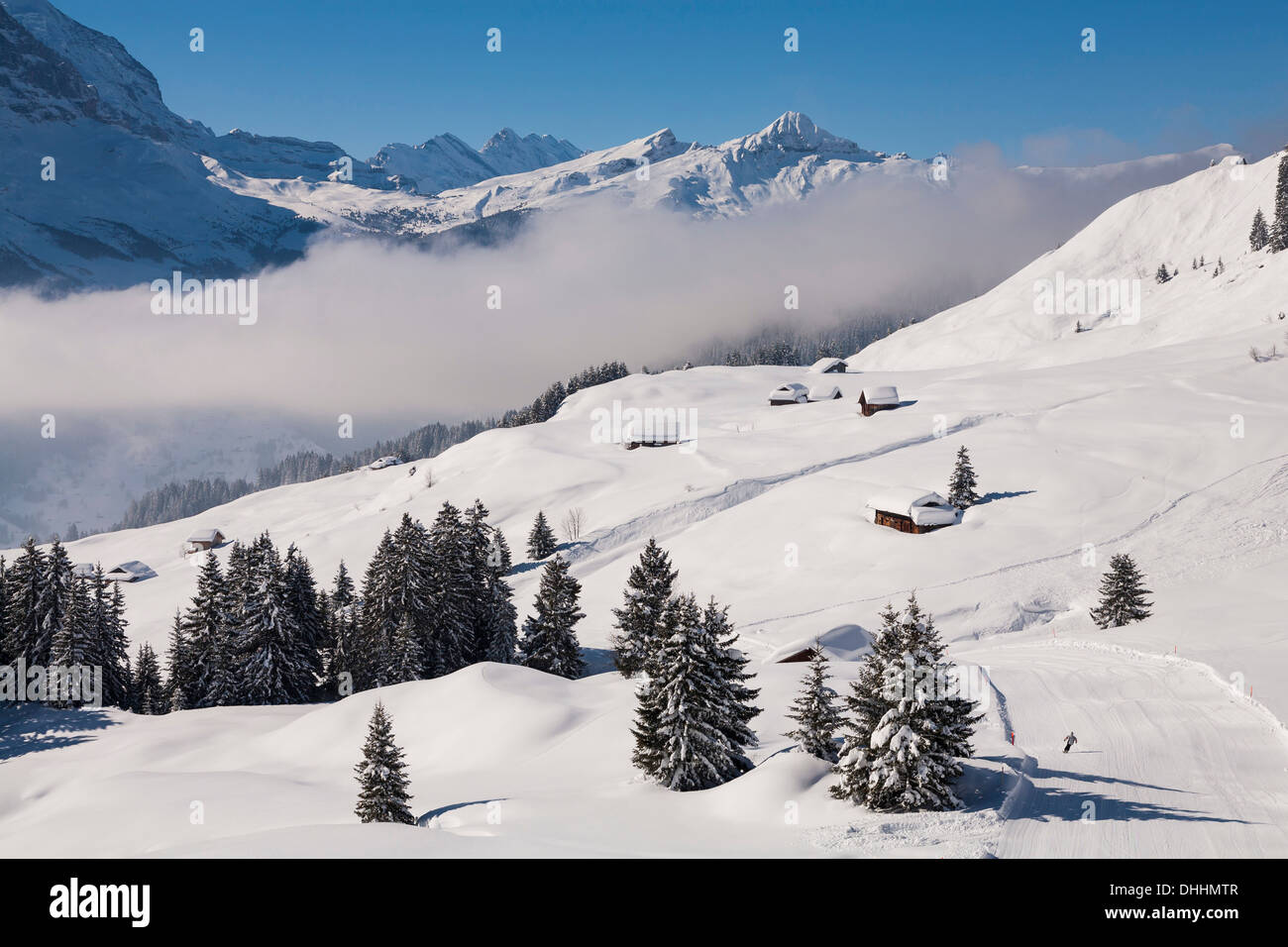 Deep snow at some alpine stables and huts above Grindelwald ...