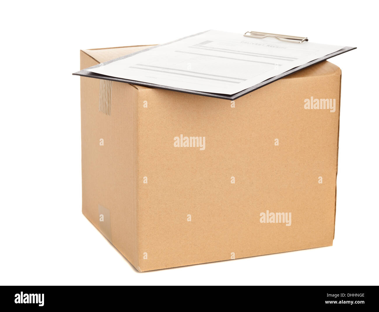 Brown carton box with clipboard and package delivery form on white ...