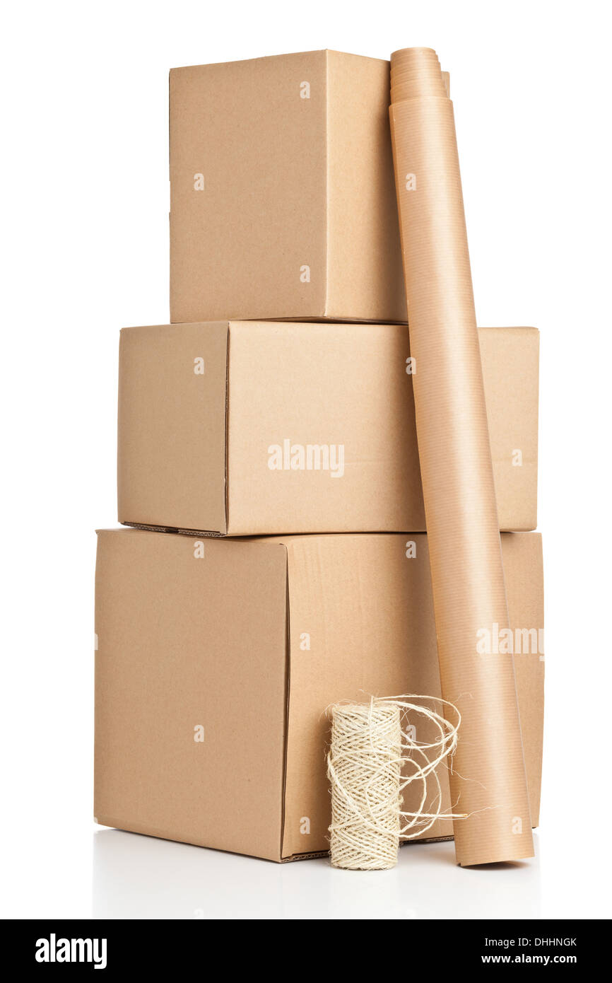 Brown carton boxes with packaging materials on white background Stock ...