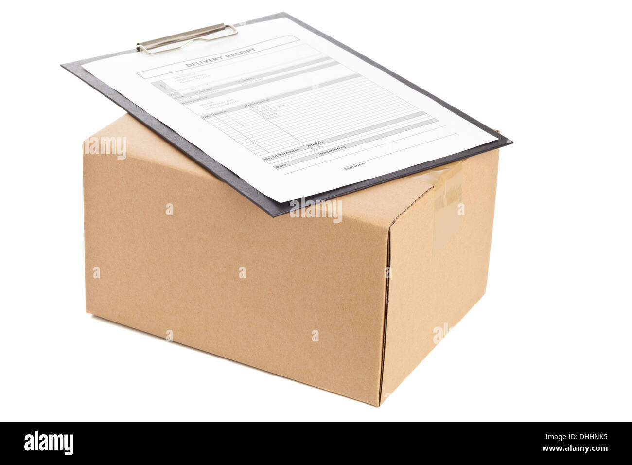 Brown carton box with clipboard and package delivery form on white ...