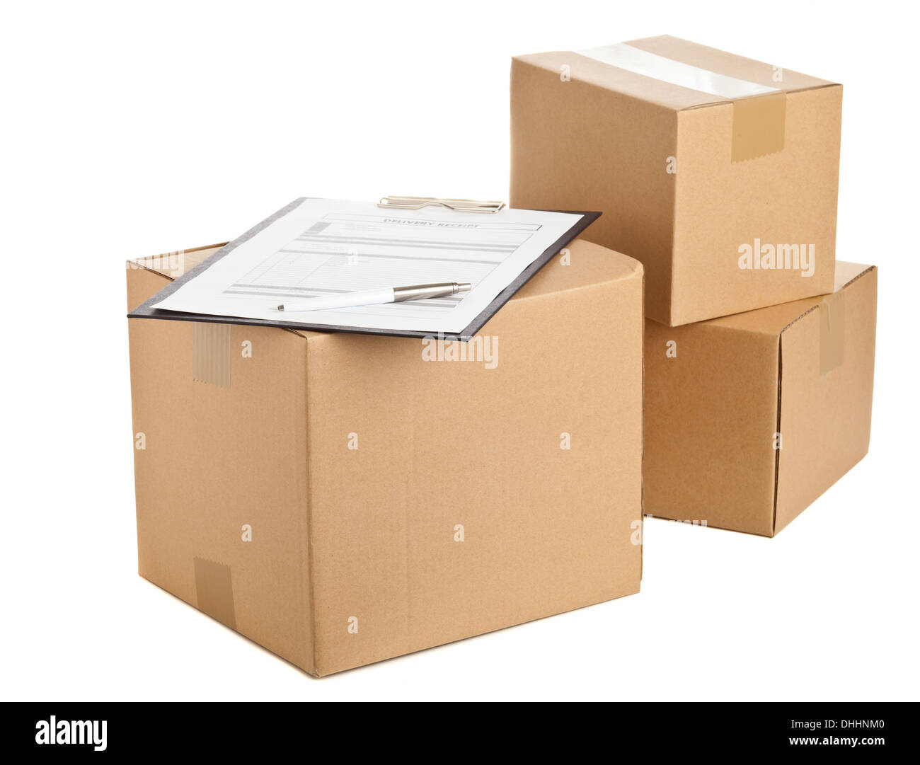 Brown carton boxes with clipboard and package delivery form on white ...