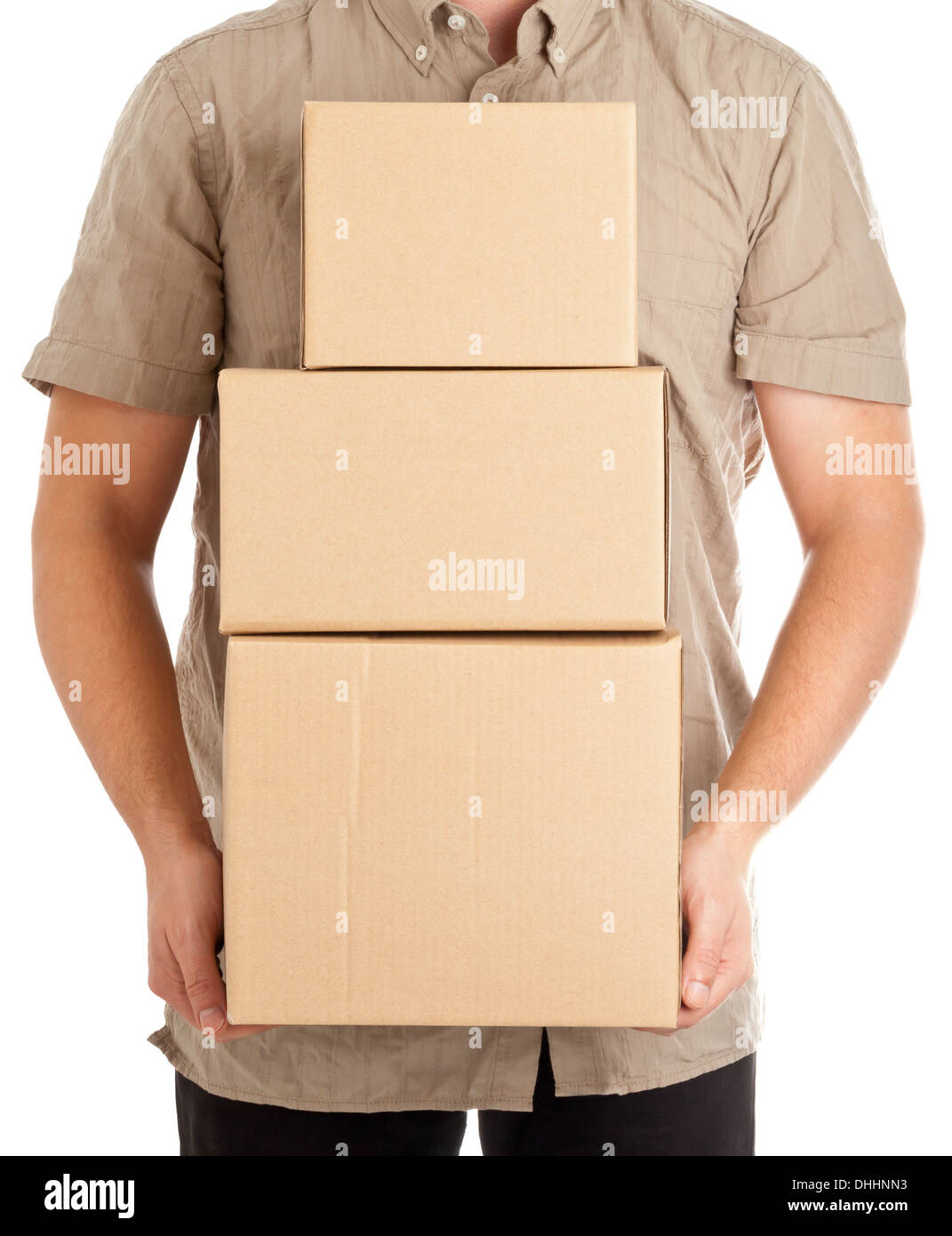 Man holding carton boxes for delivery on white background Stock Photo ...