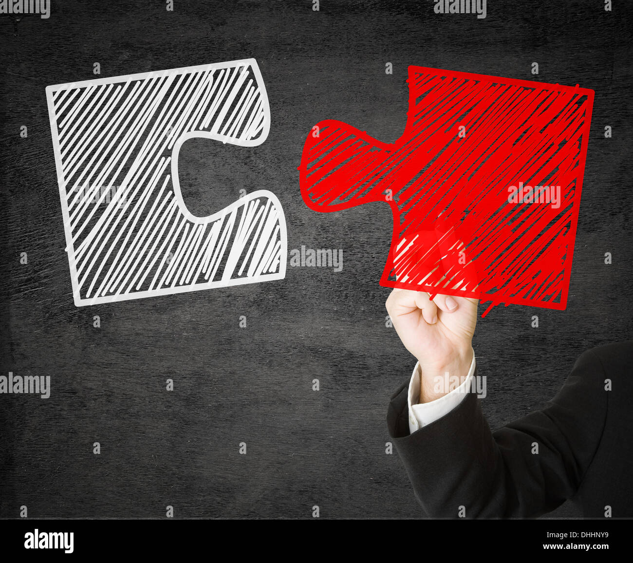 Business man drawing missing jigsaw puzzle piece on transparent drawing ...