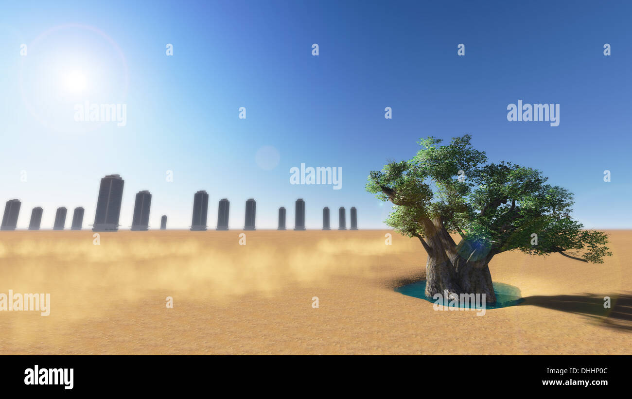 Global warming.Trees in the desert and building Stock Photo - Alamy