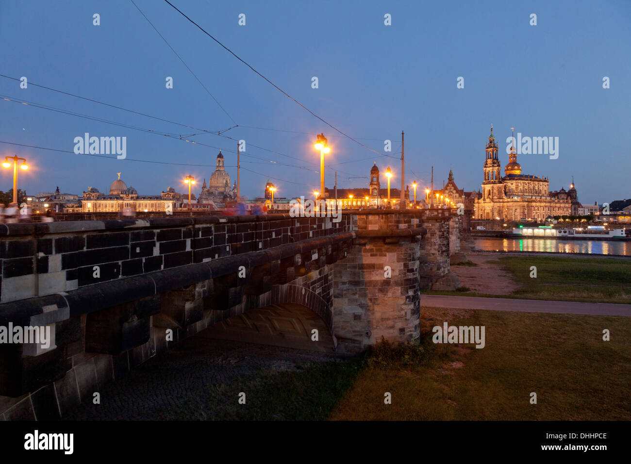 Evening light at Augustus Bridge, old city skyline, Dresden, Saxony ...
