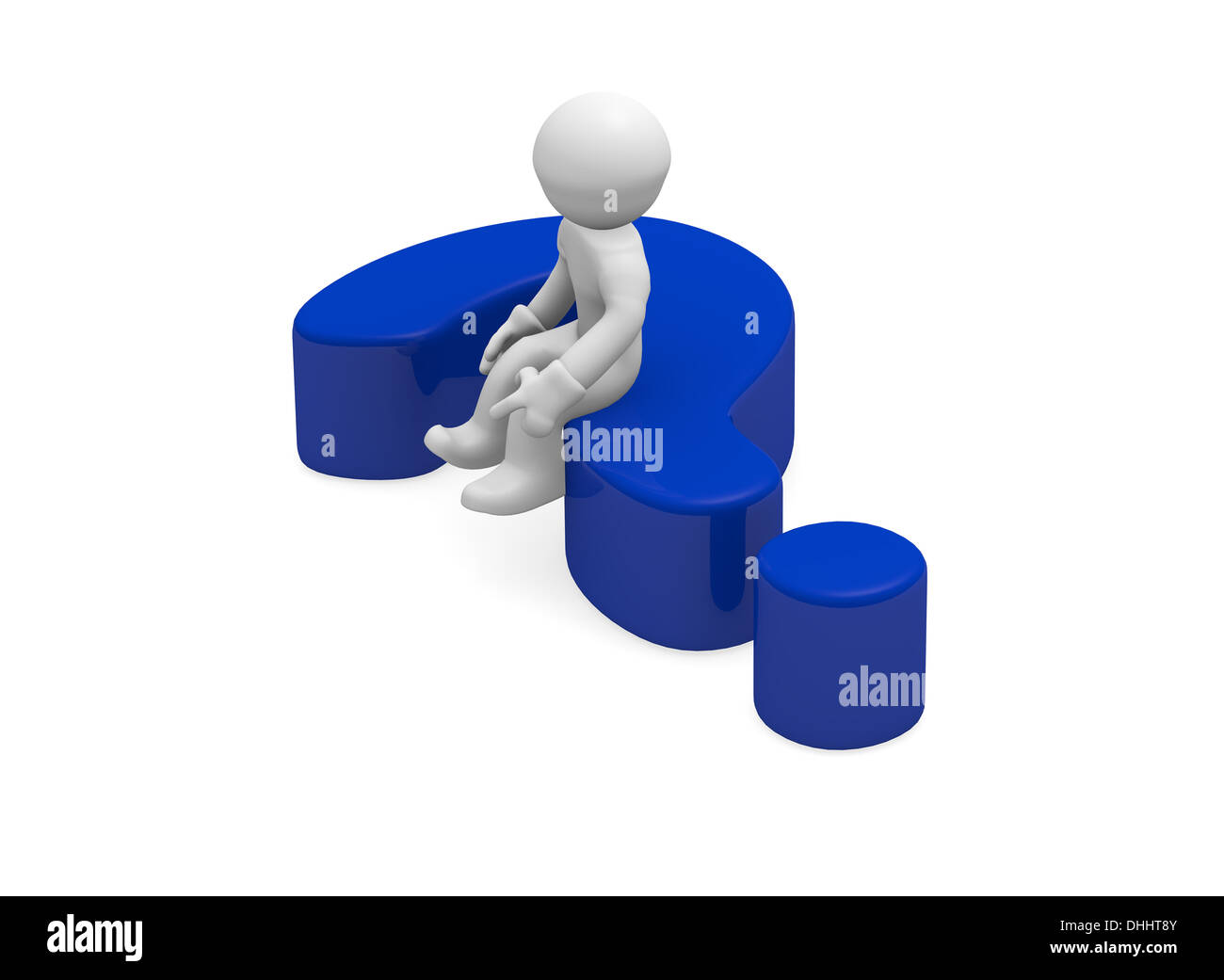 3d man sitting on a blue question mark Stock Photo - Alamy