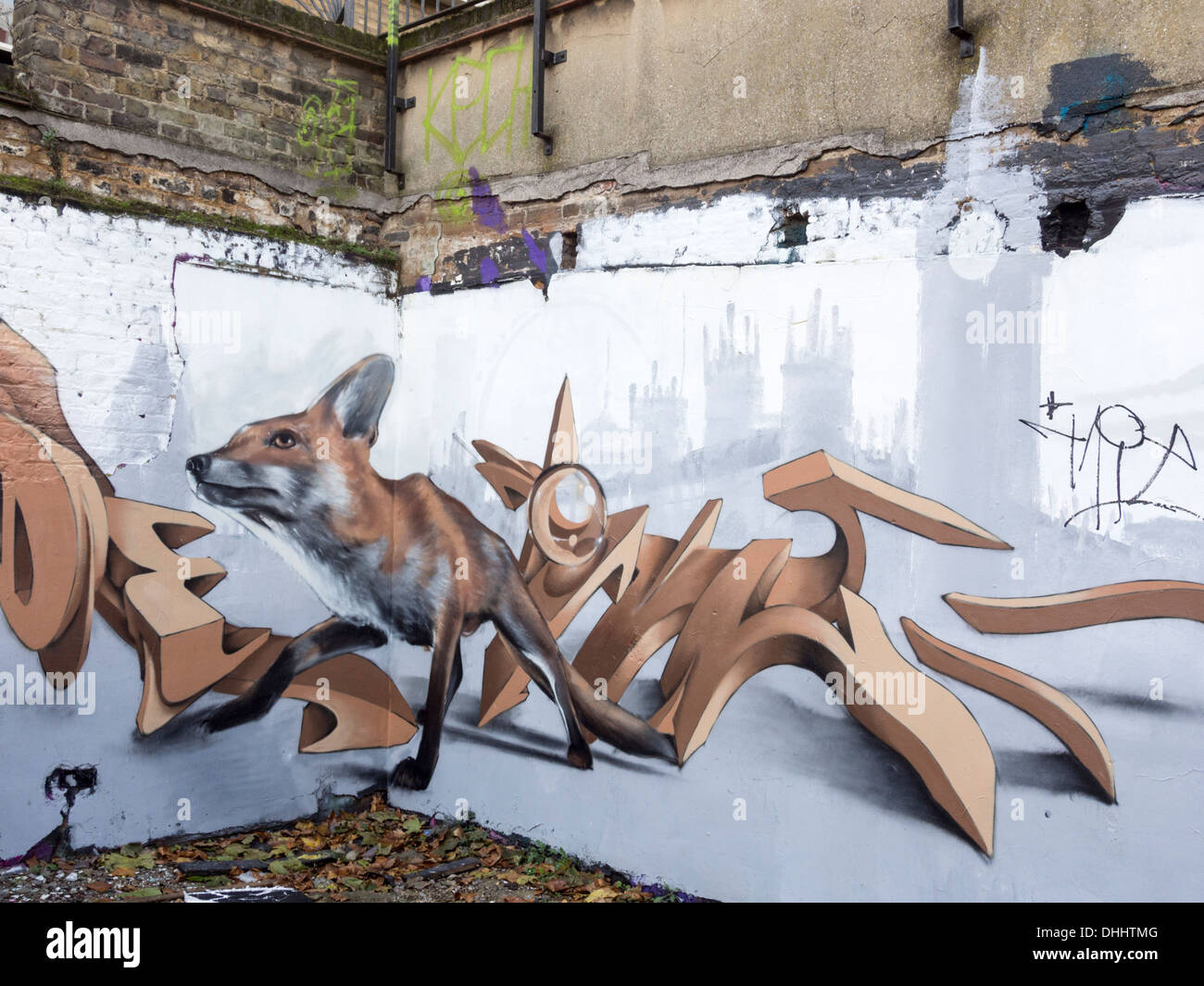 Graffiti of a fox by the artist Odieth in Brick Lane, London Stock ...