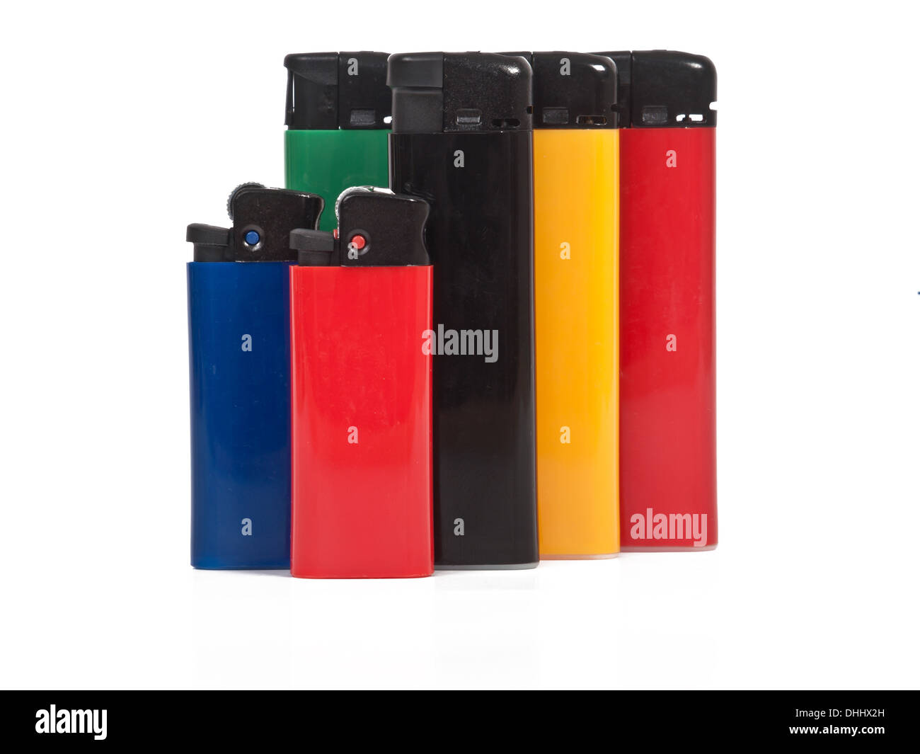 four colorful lighters, and two little lighters Stock Photo - Alamy