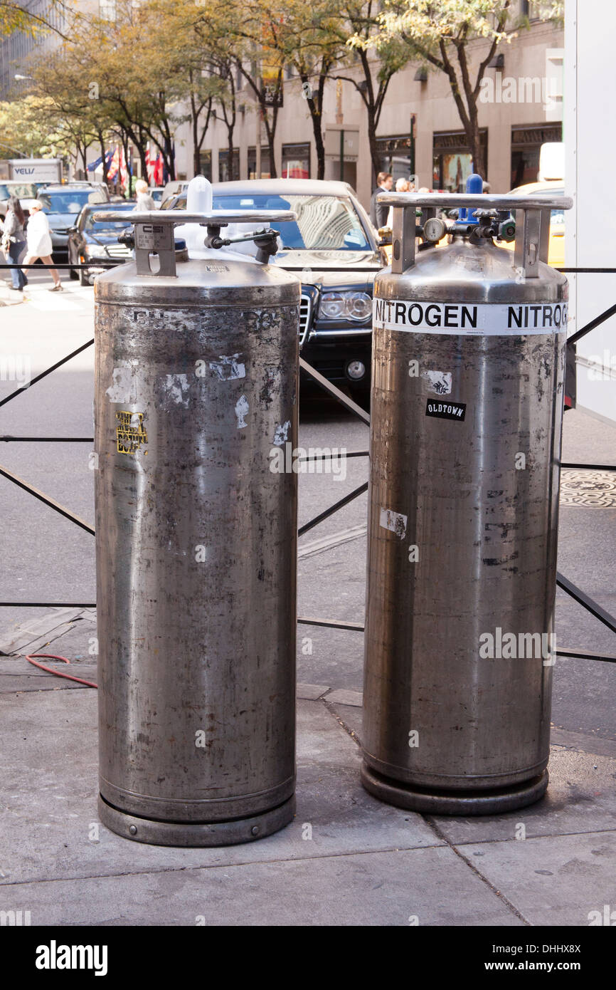 Nitrogen cylinders on the pavement or sidewalk. Fifth Avenue, New York ...