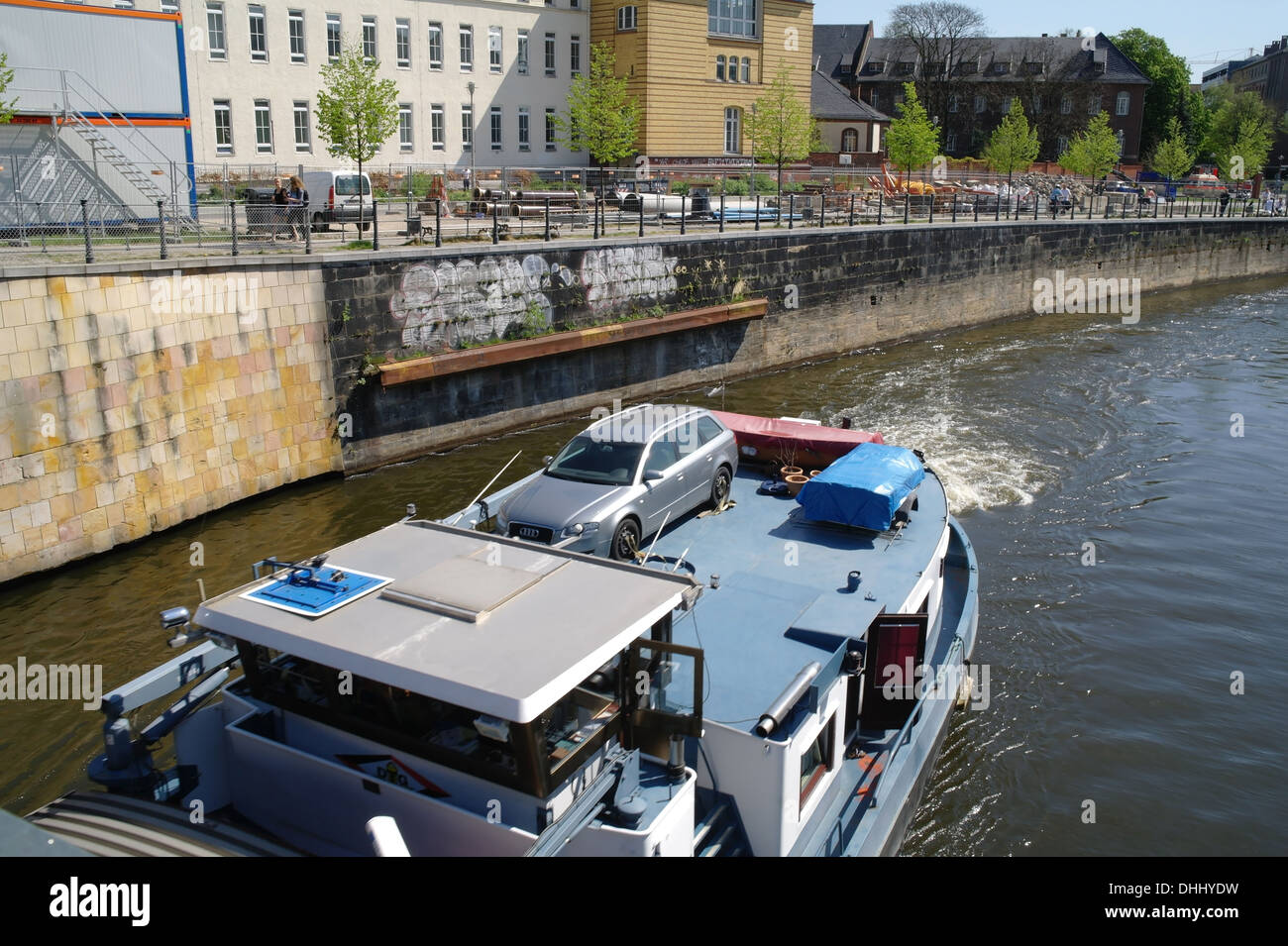 Boat blue white stern cargo barge moving centre foreground hi-res stock ...