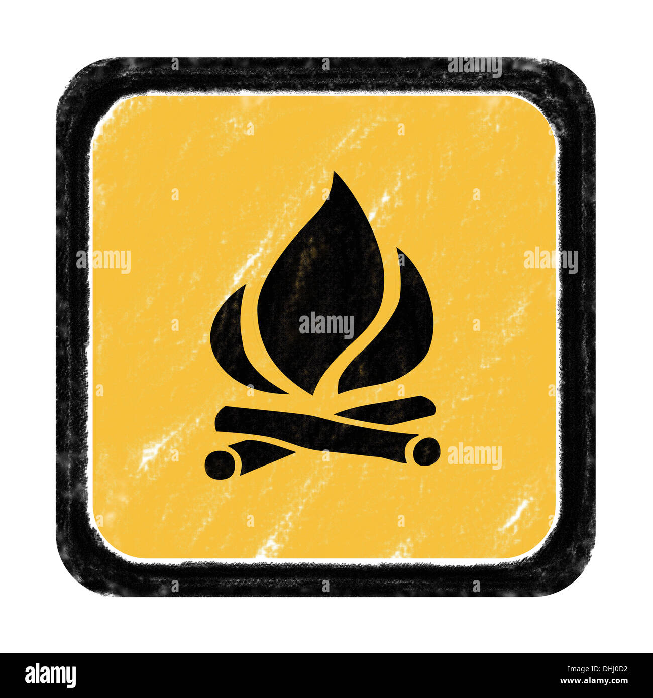 Sign for beware area burning by fire Stock Photo - Alamy