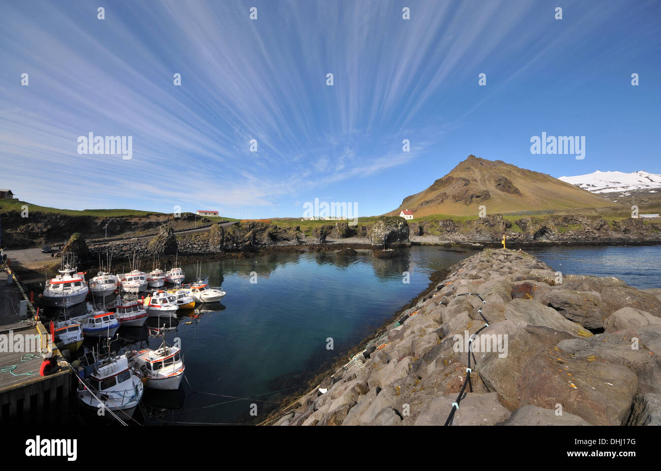 Boats at harbour of Arnarstapi under the Snaefellsjoekull, Snaefellsnes ...
