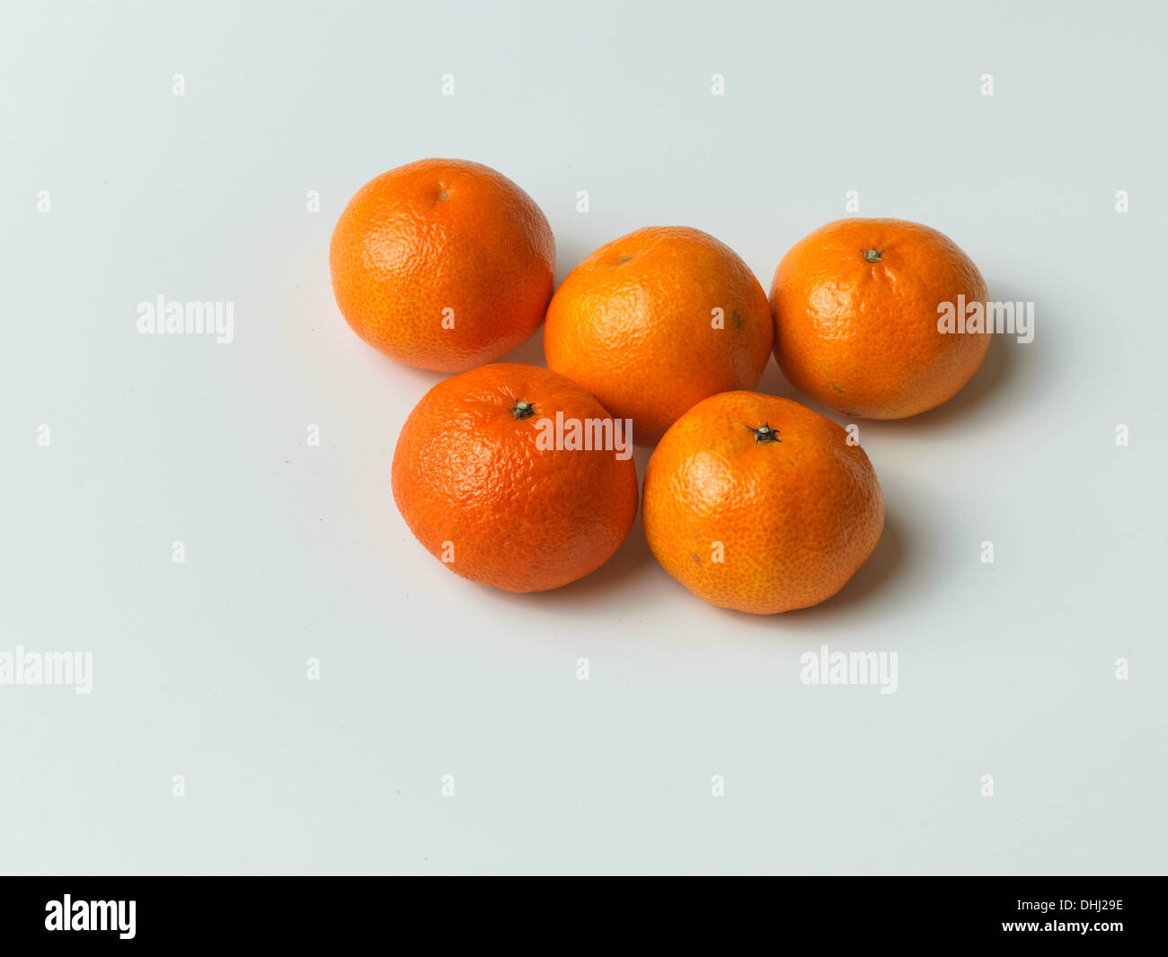 Five orange clementines sit on a white background with a shadow to the ...