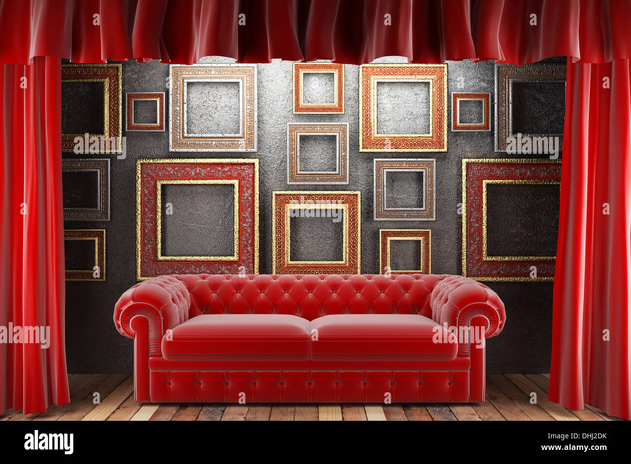 red fabric curtain with frames and sofa Stock Photo - Alamy